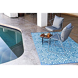 Stylish Camping 255083 5-feet by 8-feet Reversible Mat, Plastic Straw Rug, Large Floor Mat for Outdoors, RV, Patio, Backyard, Picnic, Beach, Camping - Leaf Mat (Turquoise/White)
