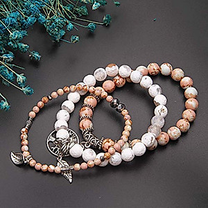 Tree of Life Turquoise Jasper & Tibetan Agate Gemstone Chakra Beaded Bracelet | Beach Charm Bracelet Set - Ocean Jewelry (Brownish Yellow)