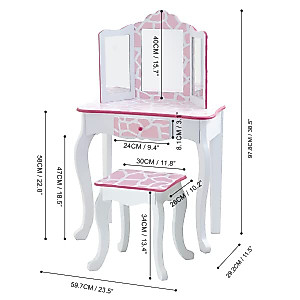 Teamson Kids Princess Gisele Giraffe Print 2-Piece Kids Wooden Play Vanity Set with Vanity Table, Tri-Fold Mirror, Storage Drawer, and Matching Stool, White with Pink Animal Print Accent