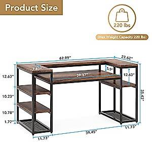Tribesigns 63 Inches Computer Desk with Open Storage Shelves, Large Office Desk with Monitor Shelf & CPU Stand, Study Writing Table Workstation with Printer Stand for Home Office(Brown)