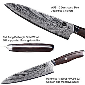 Dnifo Japanese Chef Knife 8-inch AUS-10 73-layer Damascus Stainless Steel Full Tang Non-stick Blade Kitchen Knife, Ergonomic Wooden Handle with Gift Box