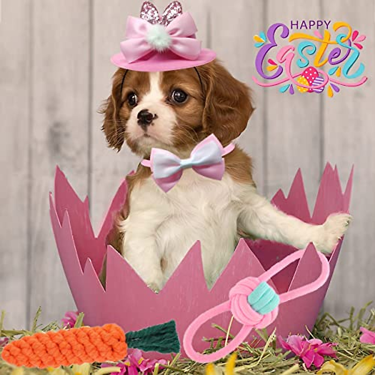 Dog Easter Costume 5Pack Cute Rabbit Ears Hat Pink Dress Bunny Easter Day Clothes Puppy Carrot Toy Kit Bowtie Collar Bunny Outfits for Medium Pet Easter Accessory Birthday Wedding Apperal