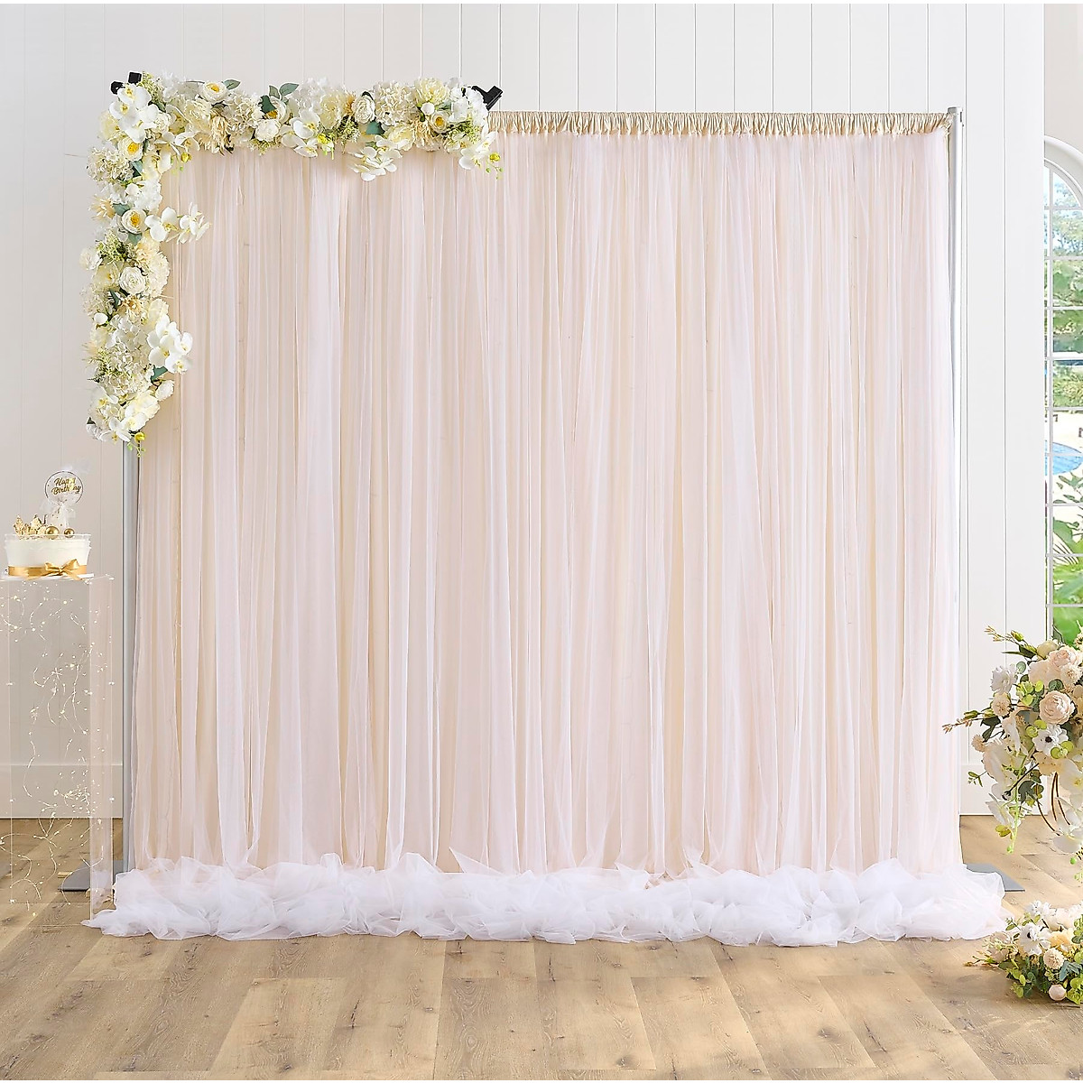 Wrinkle Free Champagne Tulle Backdrop Curtains for Baby Shower Party Wedding Photo Drape Backdrop for Photography Props Engagement Bridal Shower 10 ft X 10 ft