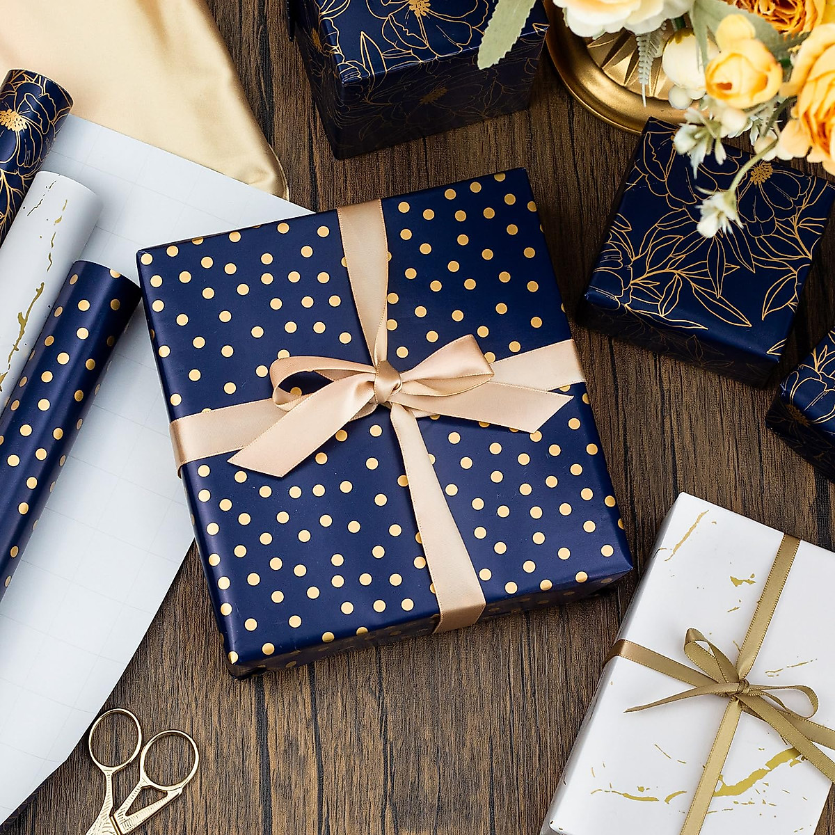 Yarcony Gift Wrapping Paper Roll - 17 Inch X 120 Inch Per Roll Luxury Navy Gold Flower, Polka Dot & White Gold Marble Gift Wrap Paper for Men Birthday, Father's Day, Christmas, Holiday, Graduation