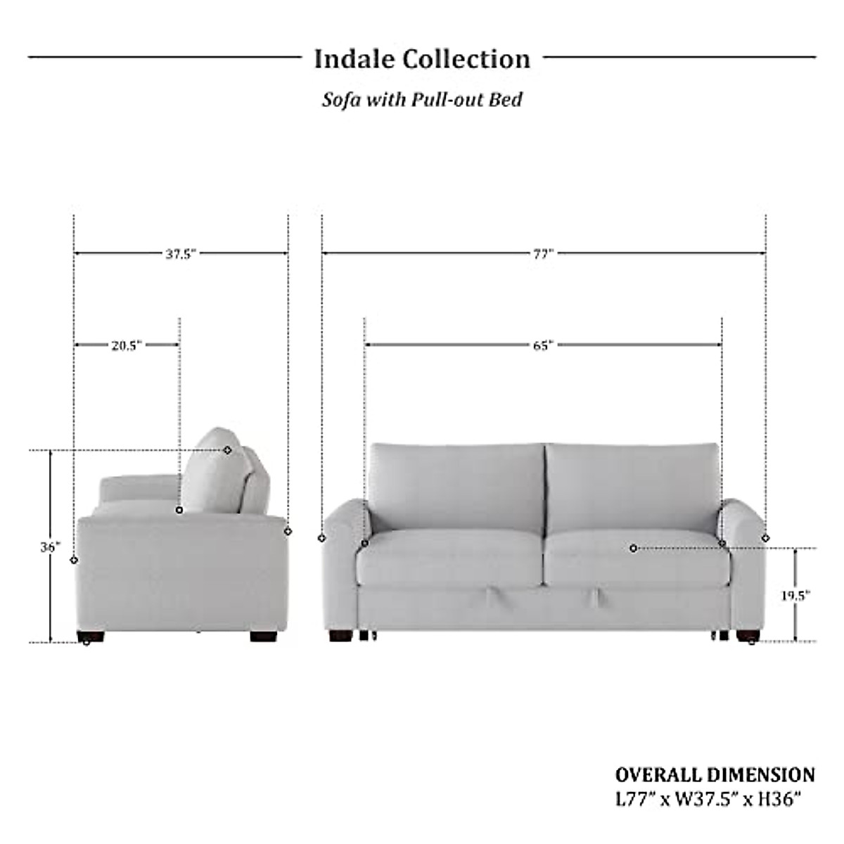 Lexicon Indale Convertible Studio Sofa Sleeper, Wooden Leg, Gray, Grey