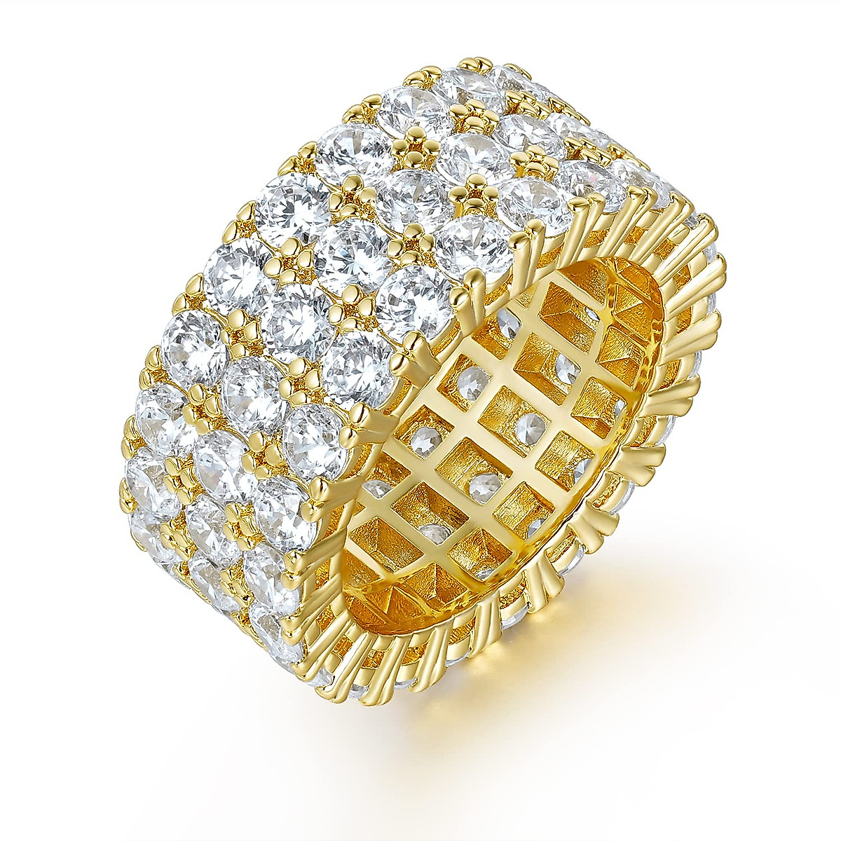 Gemsme 3 Row Cubic Zirconia Ring, 14K Yellow Gold 3 Row Cubic Zirconia Eternity Statement Ring for Women (Yellow Gold Plated, 7)