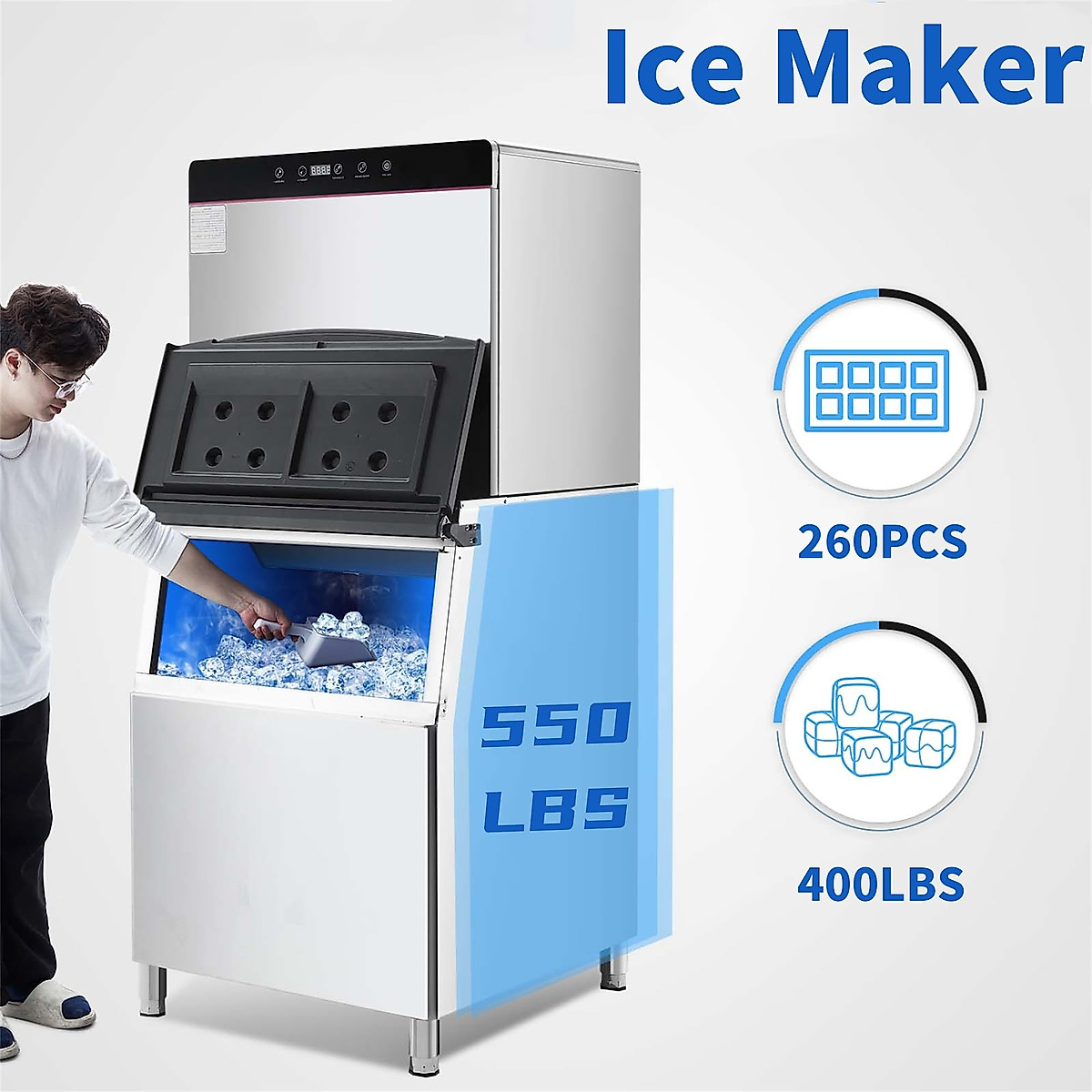 GarveeTech Commercial Ice Maker Machine, 550lbs/24hrs, 330lbs Stainless Steel Storage Bin, Self-Cleaning Feature with LCD Panel, Freestanding Under Counter Ice Maker for Restaurants, Bars, Cafes
