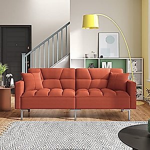 Modern Linen Convertible Futon Sofa Bed, 2-in-1 Sleeper Sofa with 2 Pillows, 3 Adjustable Angles for Backrest, Living Room Couch with 5 Sturdy Metal Legs, Upholstered Loveseat for Home, (Orange)