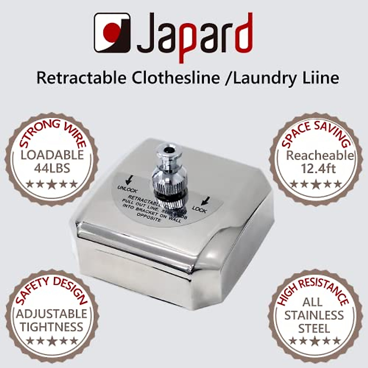 Japard Drying Laundry Line Outdoor,12ft Long Stainless Steel Wire, Loadable 44lbs, Heavy Duty Extendable Clothesline, Wall Mounted Retractable Clothes Line Indoor, Retracting Clothes Line (1 Pack)