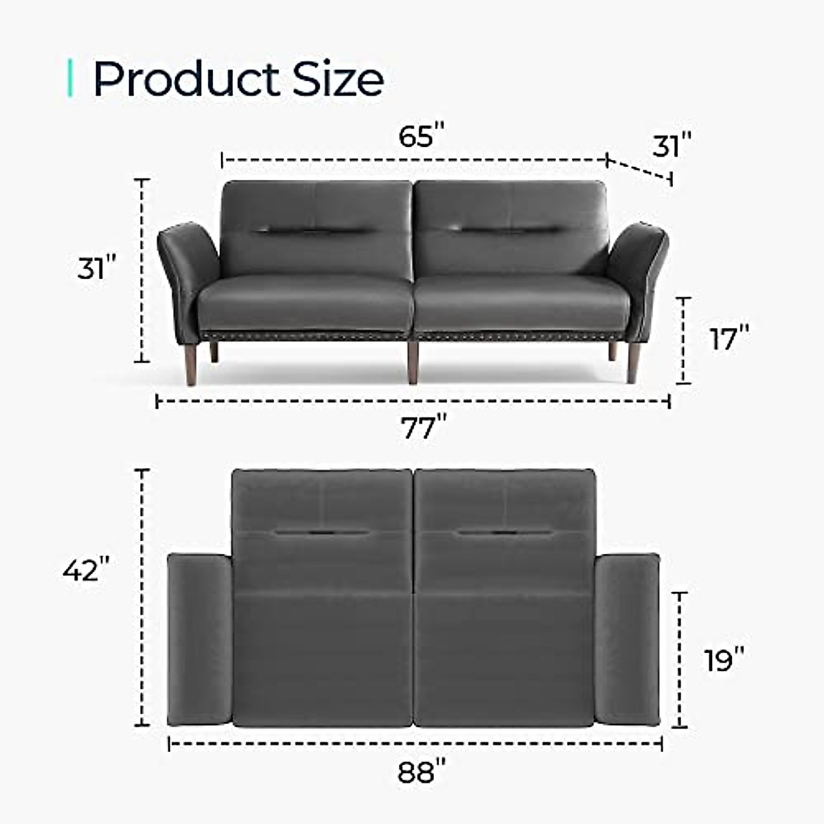 LINSY HOME Futon Sofa Bed, Velvet Sleeper Sofa with Mattress and Frame, Memory Foam Futon Couch for Small Spaces, Living Room, Dark Grey