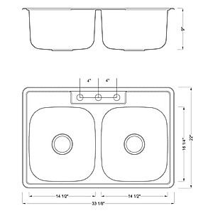 CozyBlock 33 x 22 x 9 Inch 50/50 Top-mount/Drop-in Stainless Steel Double Bowl Kitchen Sink with Strainer - 18 Gauge Stainless Steel-3 Faucet Hole
