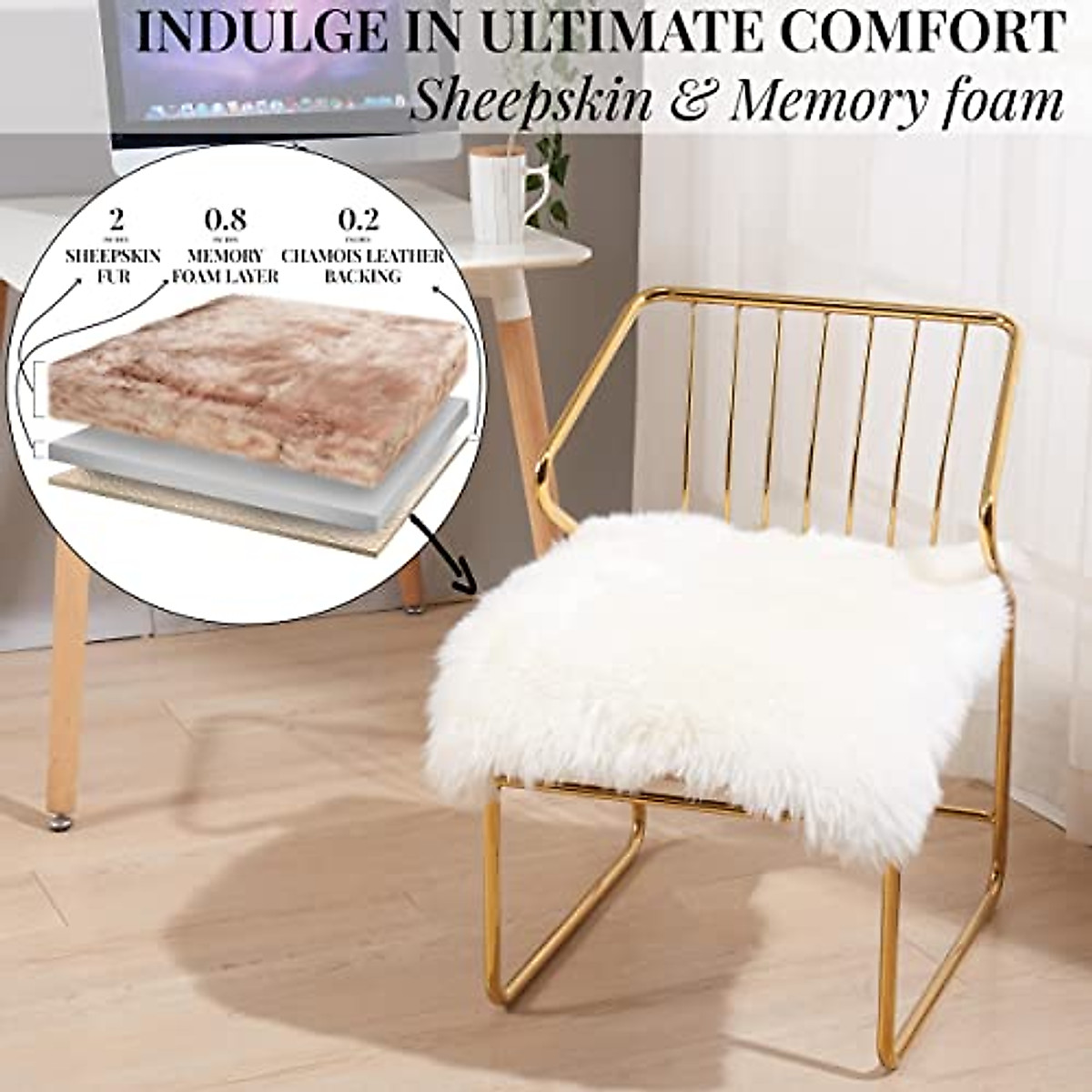 Outlavish Sheepskin Seat Pad Covers, 20x20 Square Medical Cushion for Chairs & Stools, Super Soft Fur & Extra Memory Foam Layer (Pearl White, 20x20)