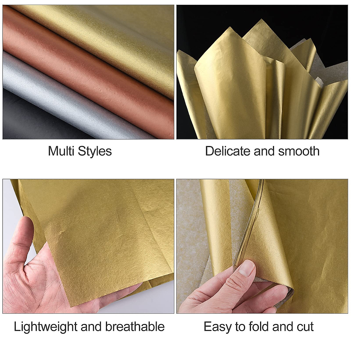 MIAHART 90 Sheets Metallic Gift Wrapping Paper Tissue Paper Bulk for Christmas Weddings Birthday Graduation Party Decor DIY Arts Crafts 20x14Inch (Metallic Gold Silver Rose Gold and Black)
