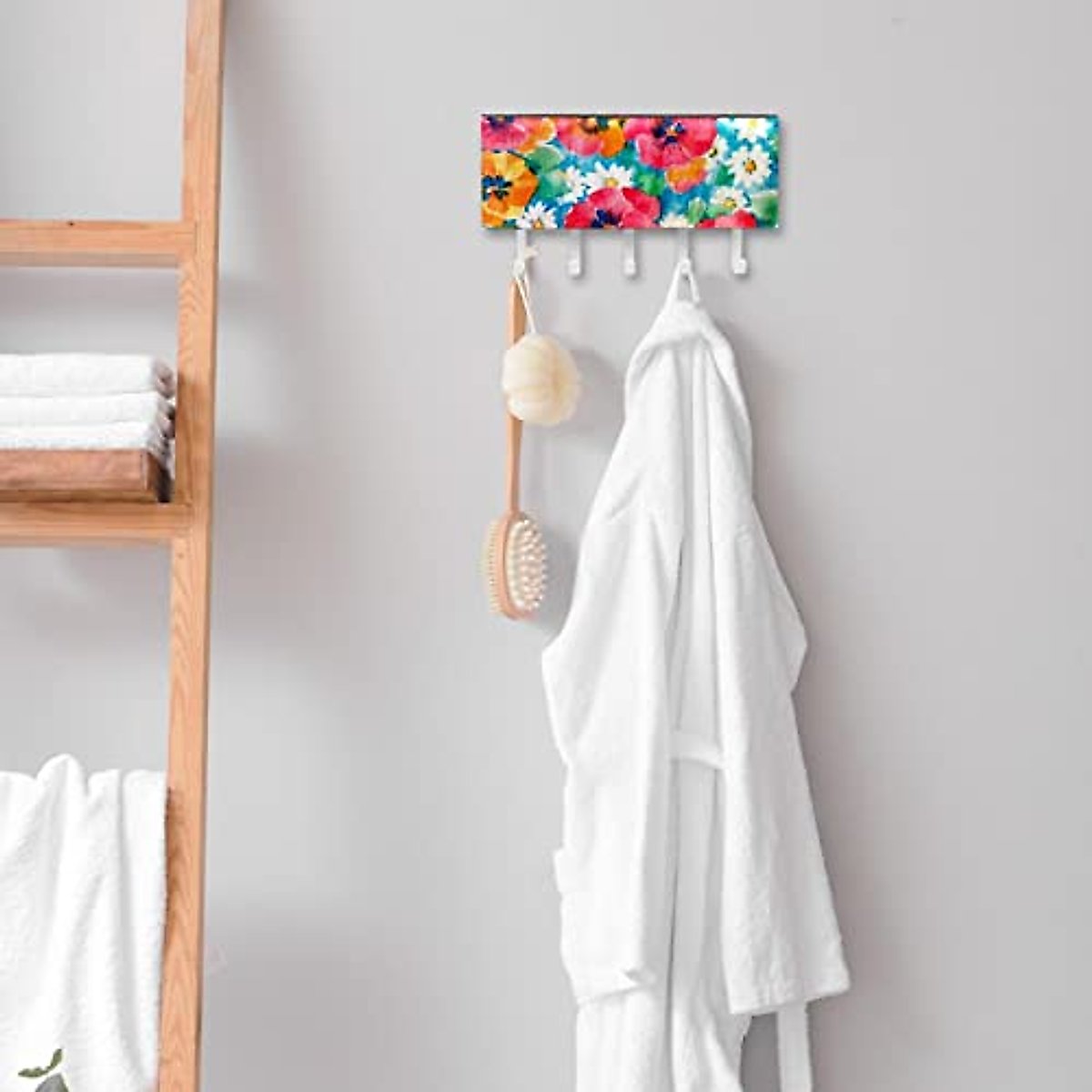 Hand Drawn Retro Colorful Flowers Background Mail Holder Organizer and Key Hooks PU Front, Self Adhesive Key Rack with 5 Hooks Perfect for Entryway, Hallway，Bathroom ，Kitchen