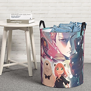 Jamhullk S-Py Anime Family Round Laundry Basket Foldable Toy Storage Bag With Handle Living Room Bedroom Bathroom, Medium