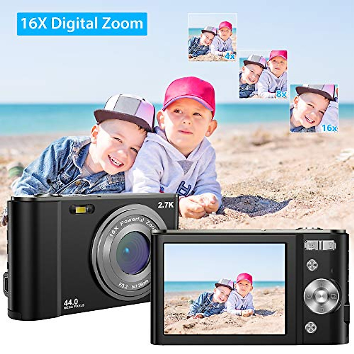 Digital Camera 2.7K 44MP Camera, VAFOTON 2.8" LCD Rechargeable Mini Compact Pocket Camera with 16X Zoom for Adult Seniors Students Kids Beginner