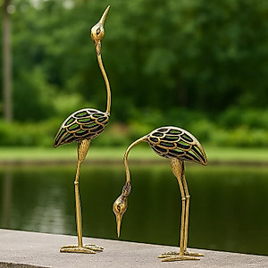 Seraphic Cast Iron Garden Decor Crane Bird Statues, Rustic Bronze, Set of 2