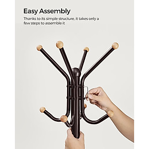 SONGMICS Coat Rack Freestanding, Metal Coat Rack Stand with 12 Hooks and 4 Legs, Coat Tree, Holds Clothes, Hats, and Bags, for Entryway, Living Room, Bedroom, Coffee Brown URCR031Z01