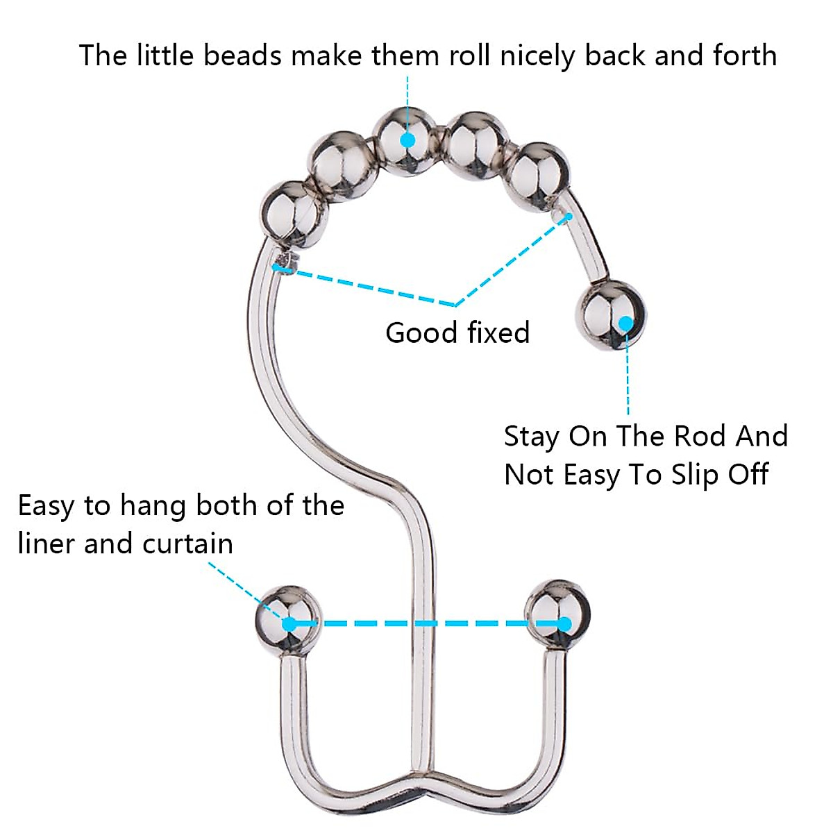 DAWNER Shower Curtain Hooks, Rust Proof Metal Easy Glide Double Rings, Stainless Steel Hangers for Bathroom Curtains, Set of 12, Brushed Nickel