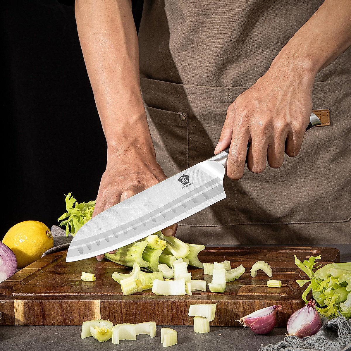 WILDMOK 7 Inch Santoku Knife, Japanese Chef Knife -Ultra Sharp Kitchen Chopping Knife, German Stainless Steel Chef Knife with Pakka Wood Handle, Gift Box