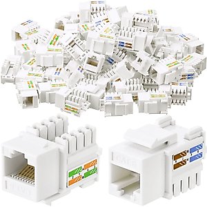 Hoteam 100 Pack Cat6 Cable RJ45 Keystone Jack UTP Modular Ethernet Jack Insert 90-Degree, Punch Down Keystone Jack Adapter for Secure Connection (White)