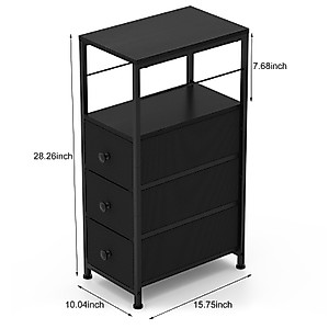 YBING Narrow Dresser, Side Table with 3 Fabric Drawers, Slim Dresser with Open Shelves, Slim Bedside Table for Bedroom, Small Spaces, Black