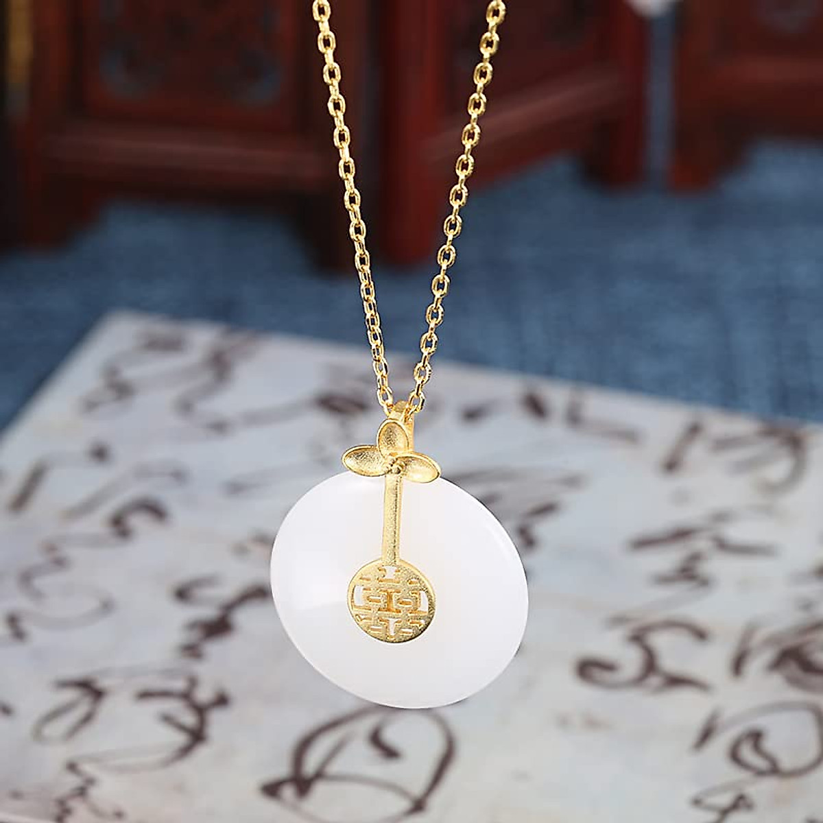 AMINKINA 14K Chrysoberyl Pendant Necklace, White Jade Pendant Necklace, Mother's Day, Birthday Gift for Mother, Wife (White jade, 14K)