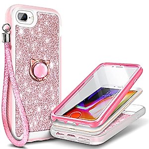 NGB Supremacy Case for iPhone 8 Plus, iPhone 7 Plus /6 Plus /6S Plus, Full Body Protection [Built-in Screen Protector] Ring Holder/Wrist Strap, Slim Fit Shockproof Bumper Case (Glitter Rose Gold)