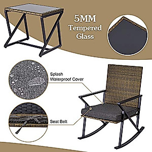3-Piece Rattan Rocker Chair Outdoor Garden Bistro Set Rocking Chair Wicker Lounge with Cushion and Coffee Table (Dark Grey)