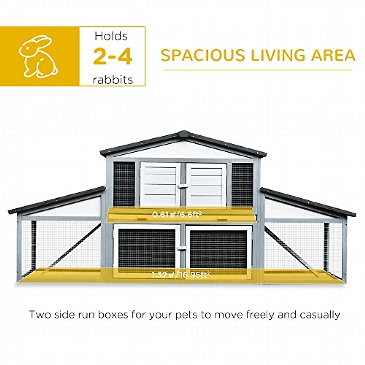 PawHut Large Rabbit Hutch Outdoor Materials Safer for Pets & Climate-Friendly, Big Rabbit Cage, Weatherproof Wood Rabbit Hutch, Grey