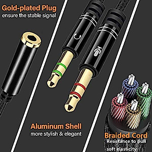 Headphone 3.5mm Splitter Mic Cable for Computer, KOOPAO Headset 3.5mm Female to 2 Dual Male Microphone Audio Stereo Jack Earphones Port to Gaming Speaker PC Adapter
