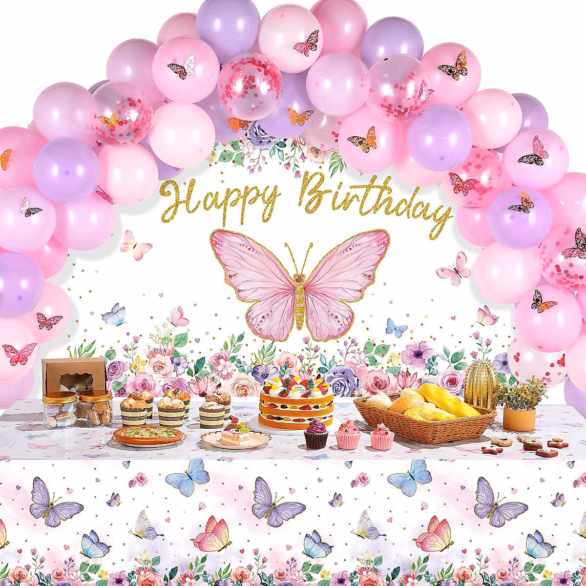 Pink and Purple Butterfly Party Decorations Include Pink Purple Balloon Arch Kit Butterfly Happy Birthday Photography Backdrop Banner Tablecloth for Girls Women Birthday Party Supplies Decor