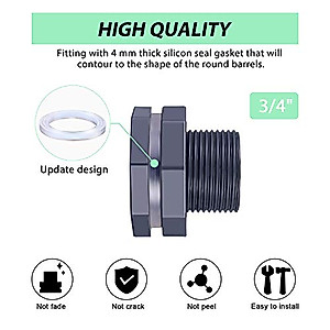 2 Pieces PVC Bulkhead Fitting for Rain Barrels, Aquariums, Water Tanks (3/4 Inch)