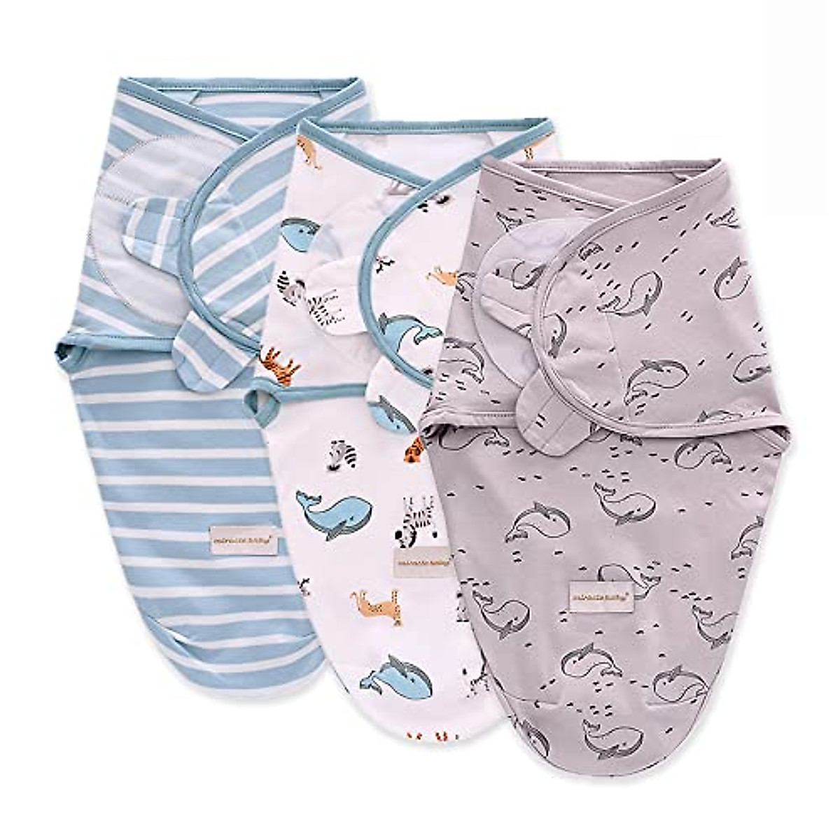Hooyax Swaddle Blanket for Baby Boys and Girls, Cotton Swaddle Wrap Adjustable Sleep Sack for Newborn Baby, 3 Pack, Whale Stripe Animal Small(0-3 Month)