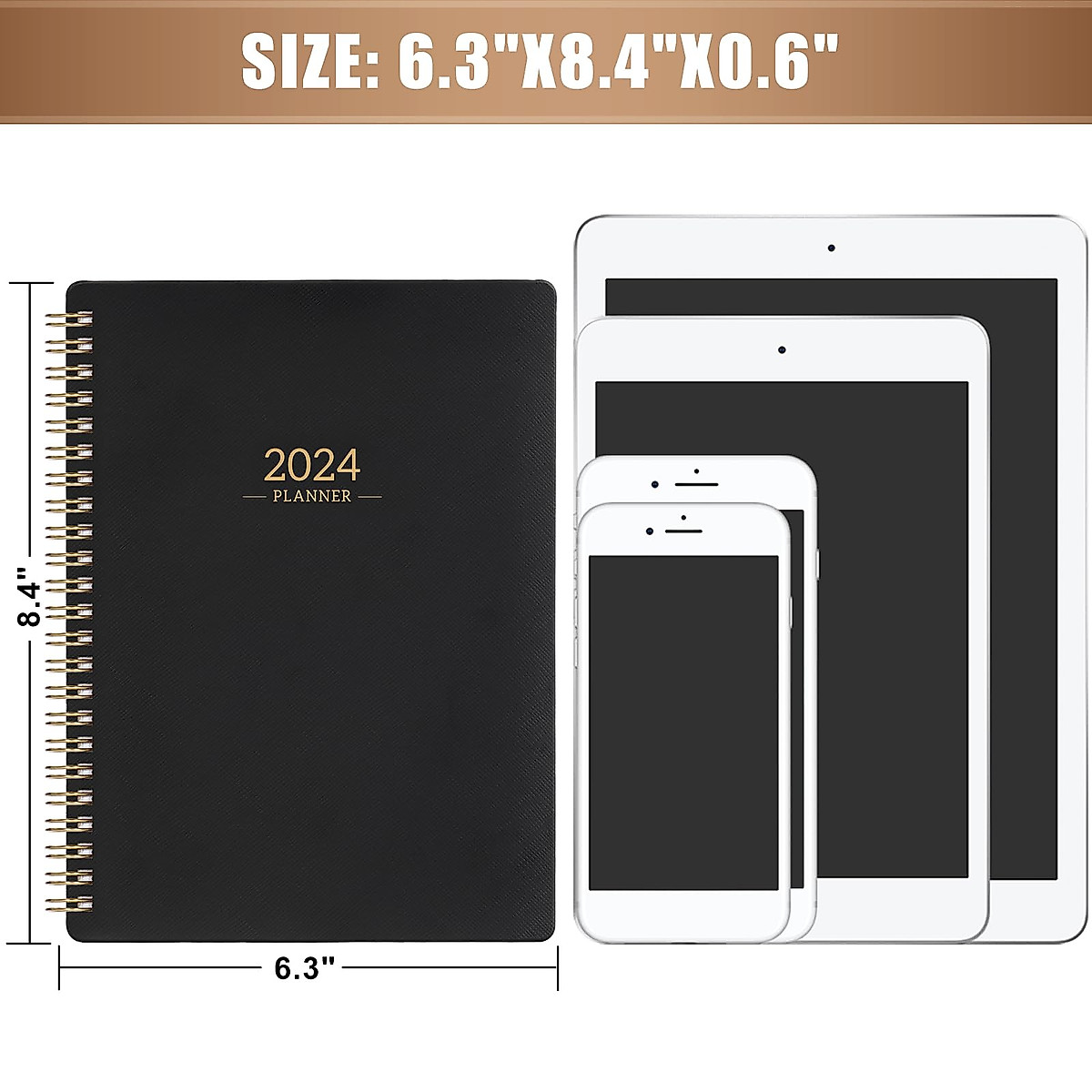 Planner 2024 - Planner/Calendar 2024, Jan.2024 - Dec.2024, 2024 Planner Weekly & Monthly with Tabs, 6.3" x 8.4", Hardcover + Back Pocket + Twin-Wire Binding, Daily Organizer - Mystic Black