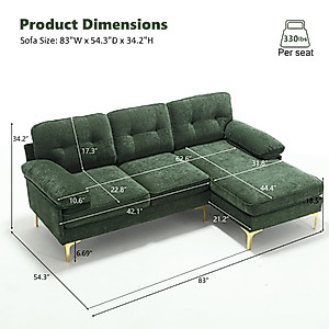 83" Small L Shaped Sofa Couch, Green Sectional Couches for Living Room with Chaise Lounge, Modern Chenille Modular Couch with Removable Cushions Cover Convertible Couches for Small Spaces Bedroom