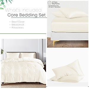 Linenwalas Tencel Lyocell Duvet Cover Set with Deep Pocket Fitted Sheet, Viscose Made from Eucalyptus Soft, Lightweight and Breathable Complete Bedding Set (Ivory, Queen)