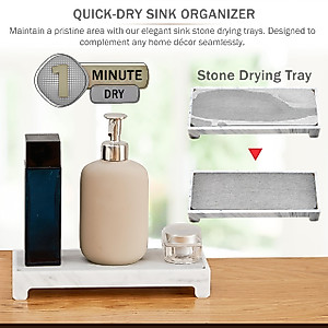 Salient Marble Instant Dry Sink Caddy under Organizer - Water-Absorbing Stone Tray for Kitchen/Bathroom, Fast-Drying Mat, Sponge and Soap Holder, 9.8in x 3.5in x 1.5in (White)