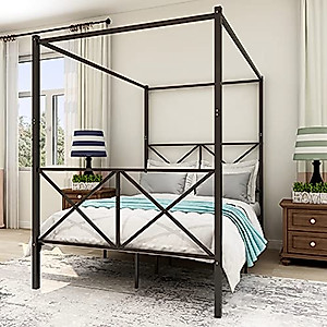 Tensun Full Size Metal Canopy Bed Frame, Platform Bed Frame with X Shaped Headboard and Footboard,Detachable Bed Frame No Box Spring Needed/Easy Assembly Black