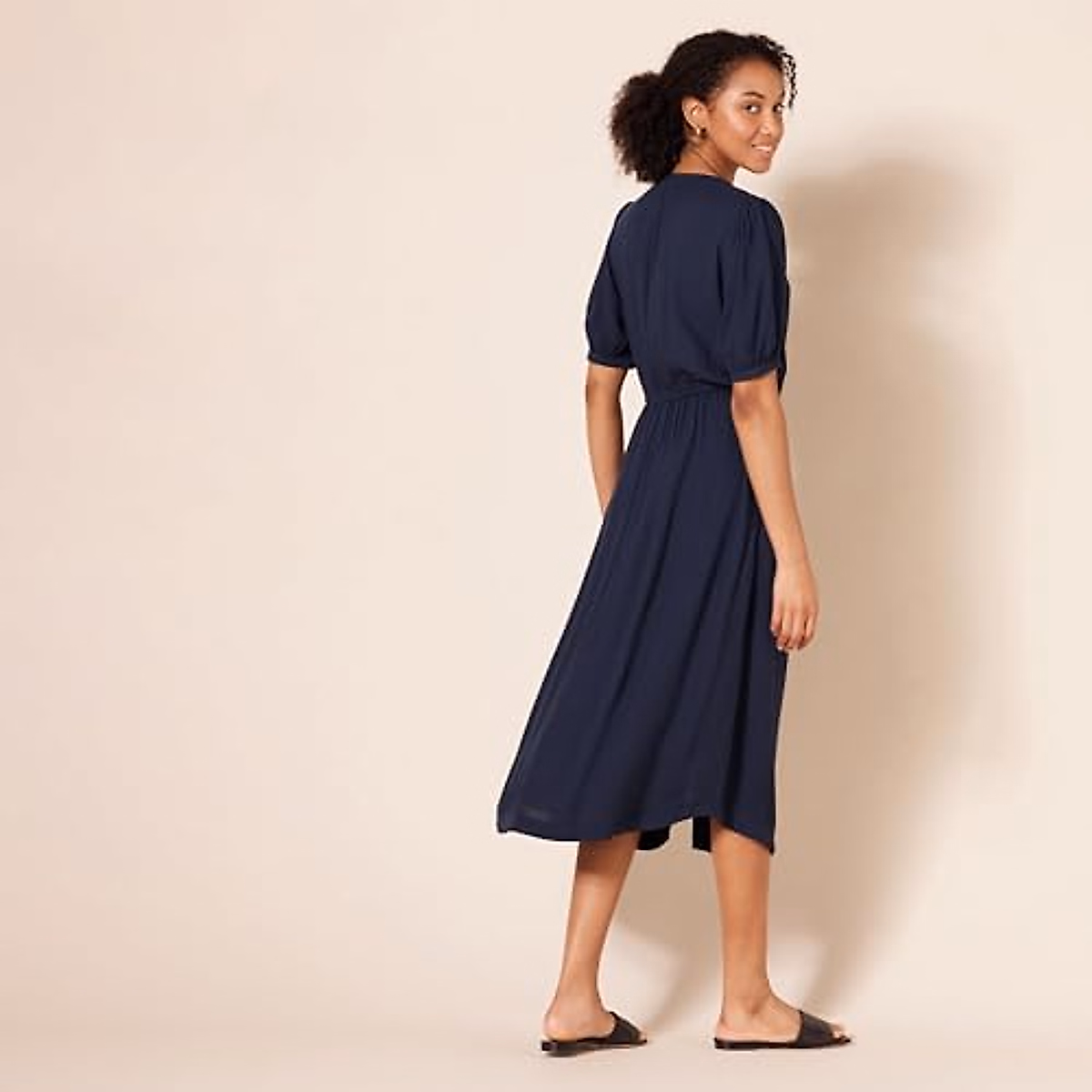 Amazon Essentials Women's Relaxed Fit Half-Sleeve Waisted Midi A-Line Dress, Navy, Large