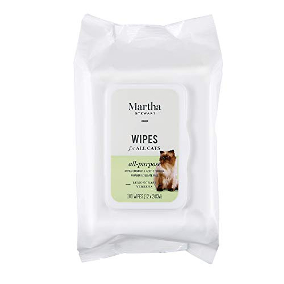 Martha Stewart for Pets Lemongrass Verbena Cat Wipes | Hypoallergenic Cat Bath Wipes, 100 Count | Easy and Effective Way to Clean your Cat Without A Bath