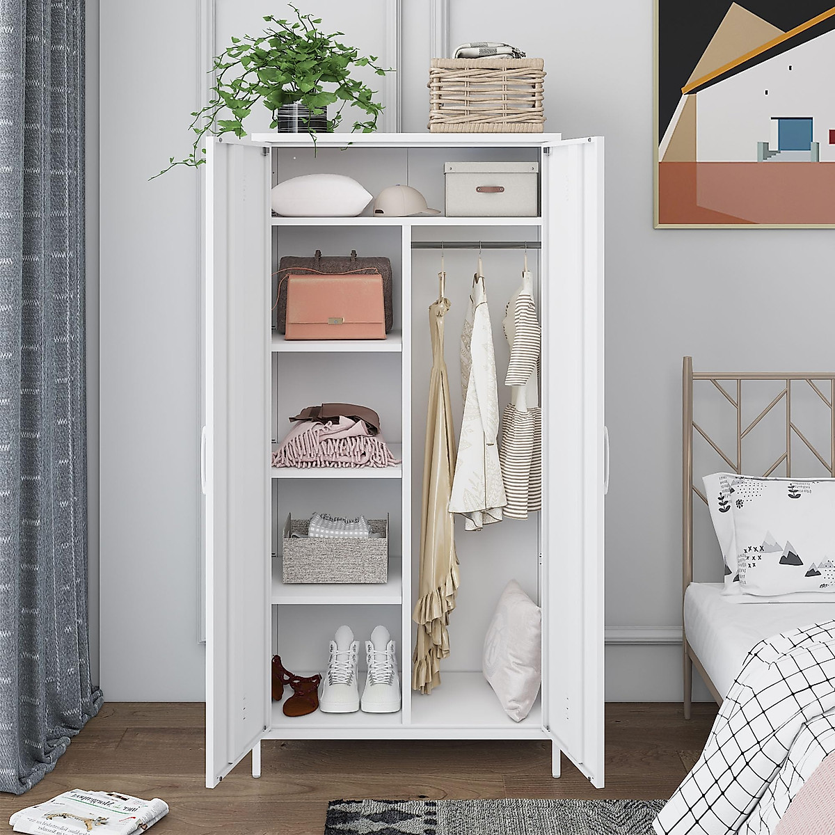 MIOCASA Metal Armoire, Wardrobe Closet Cabinet with 1 Hanging Rod and 4 Shelves Steel Storage Locker Clothes Organizer for Bedroom, Changing Room, Laundry Room, Office - White