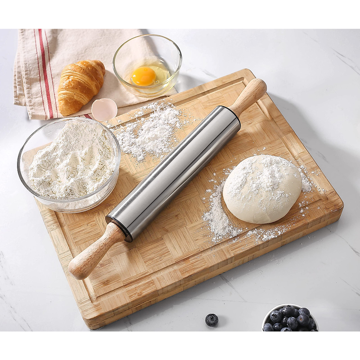 Rolling Pin with Wooden handle,9.6inch Stainless Steel Roller, rolling pins for baking,Which can be used to make Pizza, Pie Crust, Cookies, Pastry,sugar，Pasta and other dough.By Amber&Sean