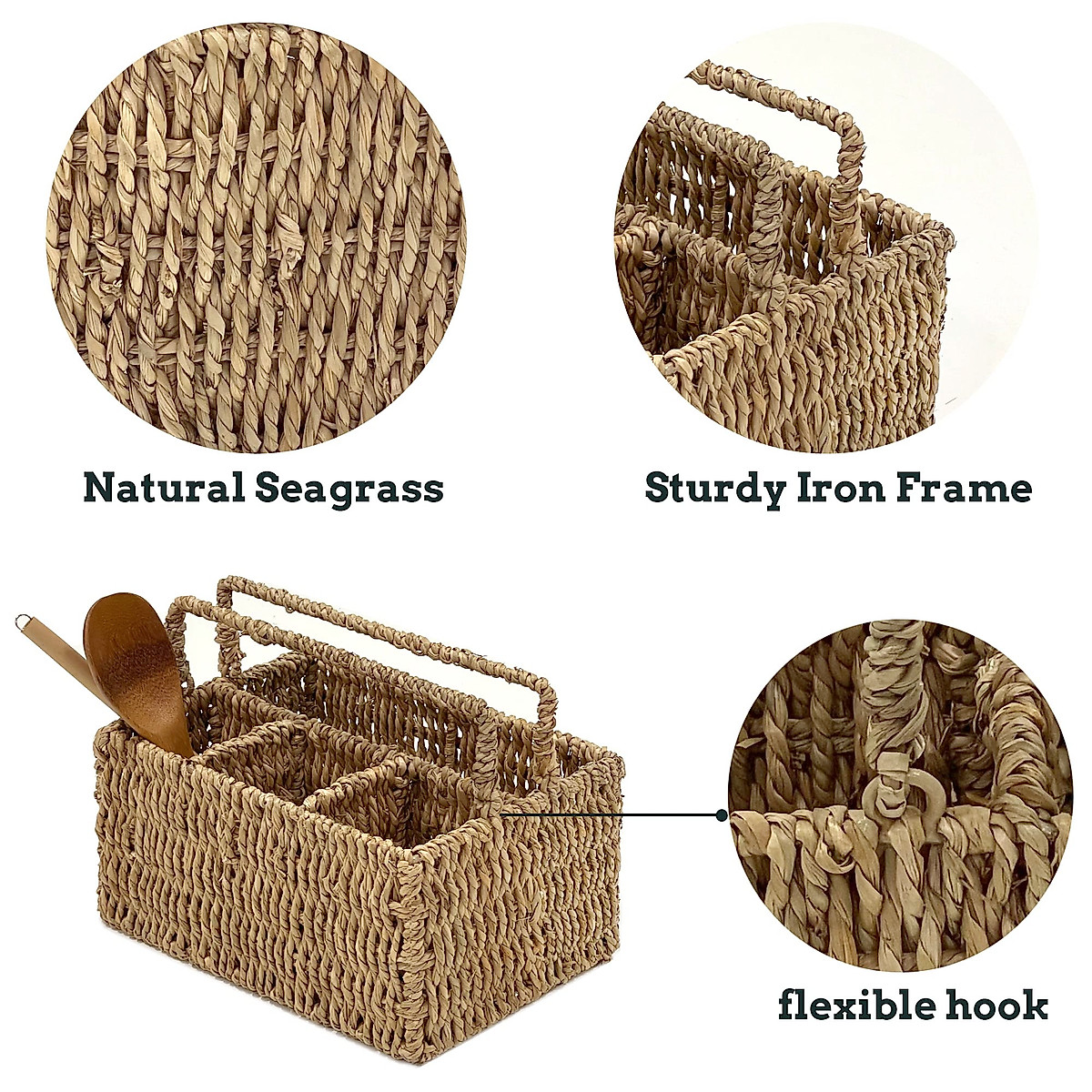 MadeTerra Wicker Utensil Caddy Carrier | Seagrass Woven Divided Cutlery Holder for Table - Kitchen Set Counter Top Organizer - Hold Silverware, Forks, Knives, Spoons, Napkins (Seagrass)