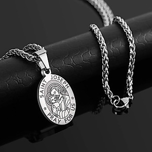 P. BLAKE Stainless Steel St. Saint Joseph Medal Necklace Catholic Saint Joseph Pray for Us Pendant with Chain