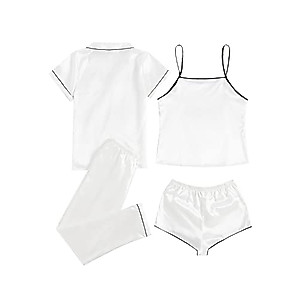 WDIRARA Women's Silk Satin Pajama Set 4 Pieces Soft Bride Sleepwear Loungewear White M