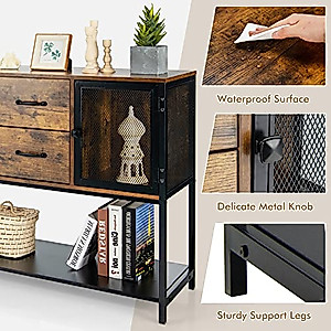 PETSITE Sideboard Buffet with Storage Cabinet, Industrial Coffee Bar Console Table Credenza with Mesh Doors, Drawers & Shelf for Kitchen Entryway, Rustic Brown