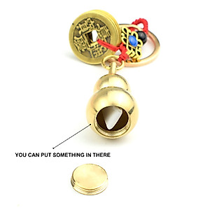 3PCS Chinese Gourd Brass Wu Lou Keychains, Gold Feng Shui Coins for Good Luck Fortune Longevity Success, Detachable Calabash Decorations Pendant Key Rings to Stuff Bless Prayer Note (Bottom Open)