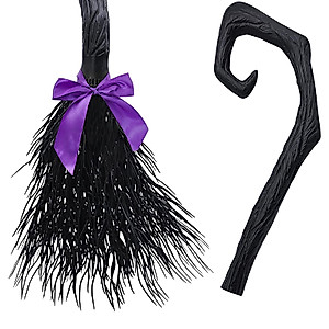 Witch Broom with Ribbon, Halloween Decoration Party Favor Photo Booth Accessories (Black, 130cm*25cm)