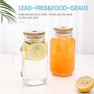 YANGTE 4 Pack Mason Jar Cups with Handles, 24oz Glass Tumbler with Bamboo Lid and Straw, Reusable Travel Tumbler Drinking Glass Cups for Iced Coffee, Smoothie, Tea